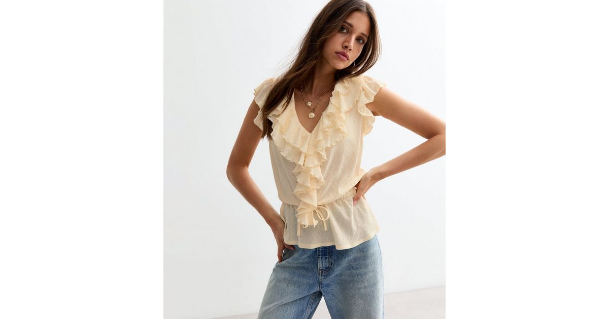 Cream Ruffled V-Neck Top | New Look