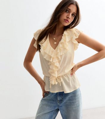 Cream Ruffled V-Neck Top | New Look