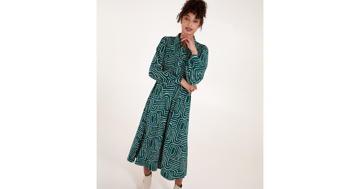 Blue Vanilla Green Line Print Shirred Midi Dress | New Look
