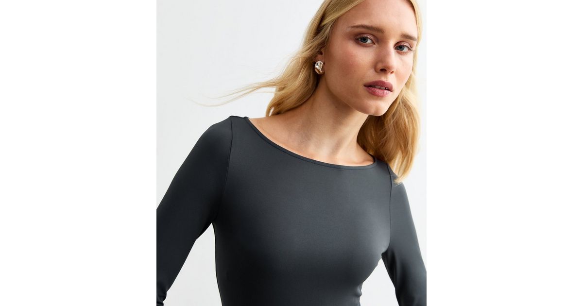 Dark Grey Slinky Long Sleeved Bodysuit | New Look