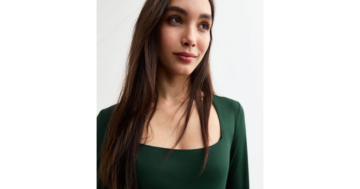 Dark Green Square Neck Long Sleeve Bodysuit | New Look