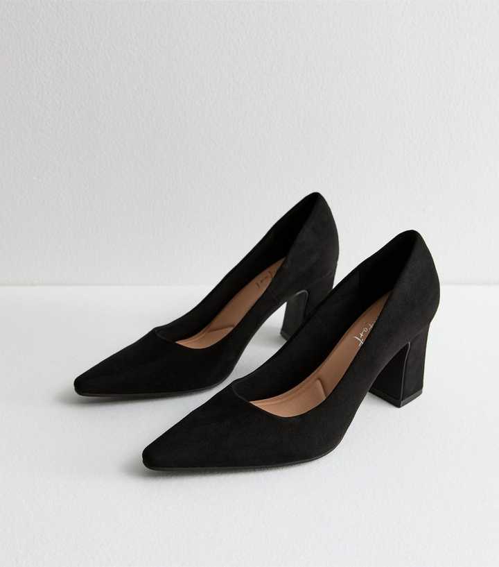 Black Suedette Block Heel Court Shoes | New Look