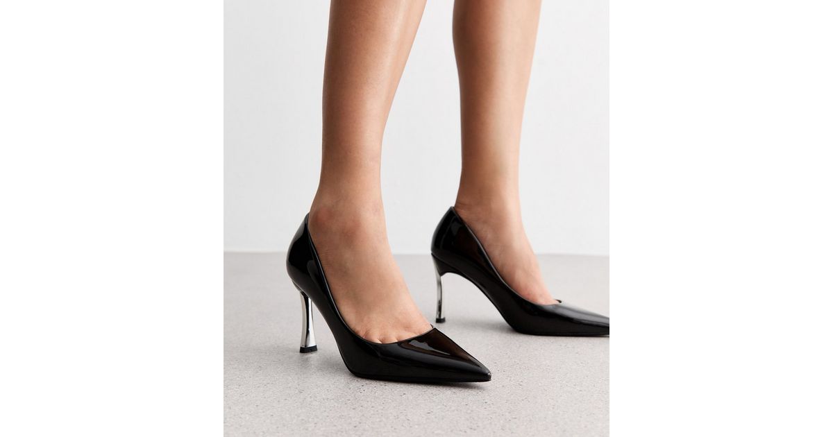 Black Patent Metal Stiletto Heel Court Shoes New Look
