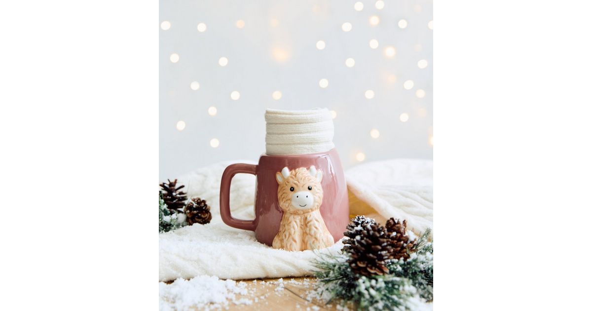 Deep Pink Highland Cow Mug with Socks | New Look