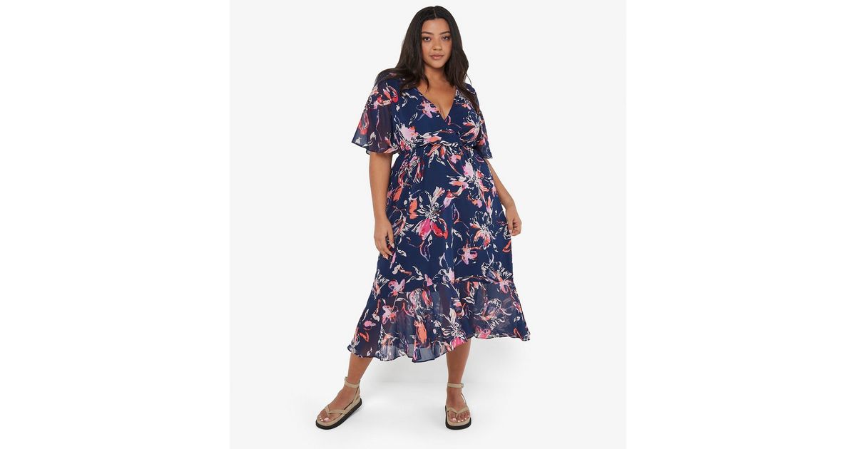 Apricot Curves Navy Floral Wrap Midi Dress New Look