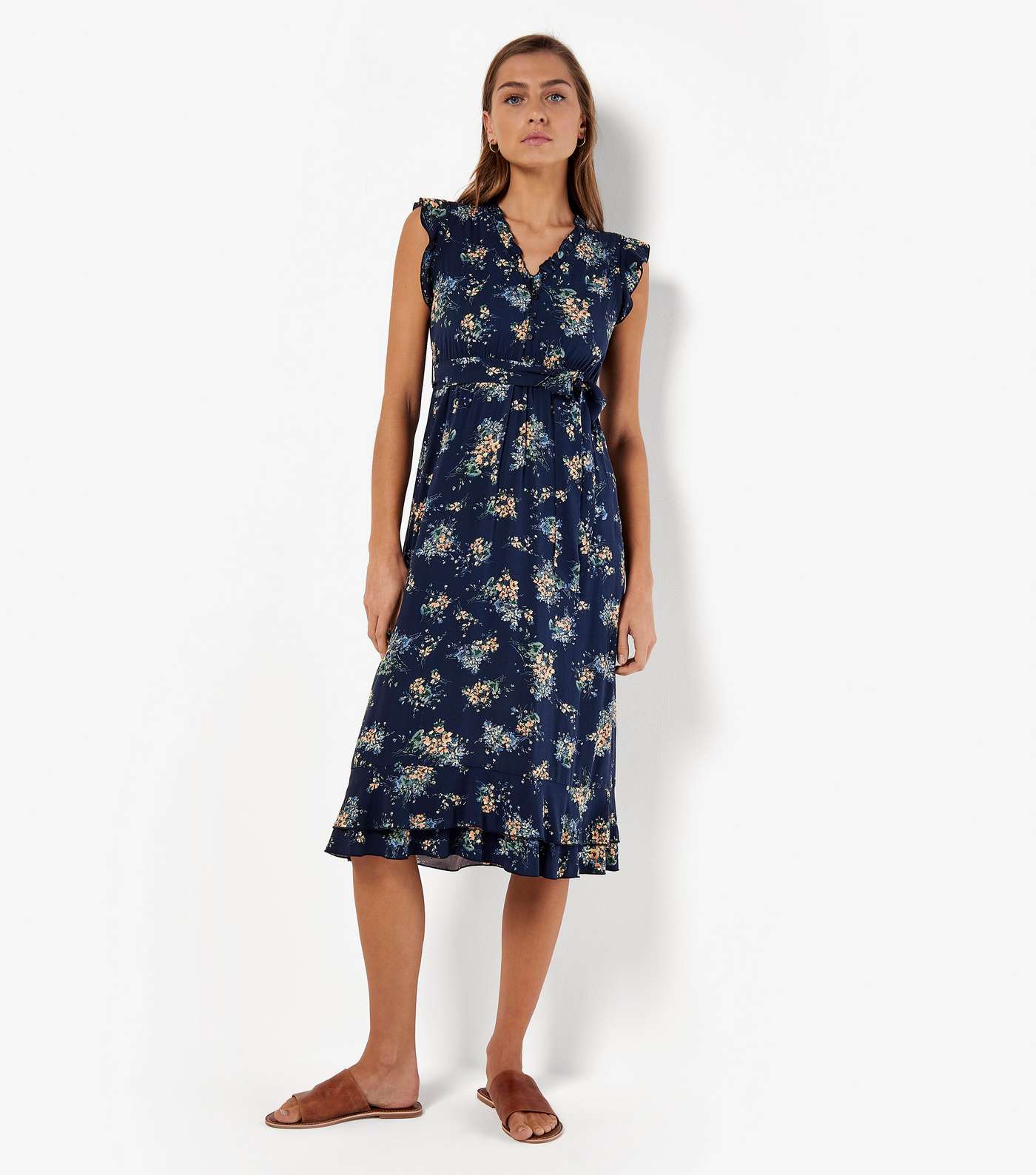 Apricot Navy Floral Frill Midi Dress New Look