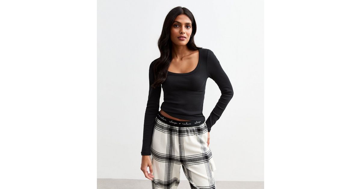 Black Ribbed Scoop Neck Long Sleeved Top | New Look