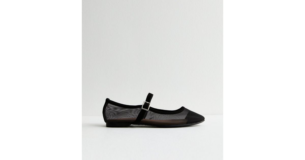 Black Mesh Mary Jane Ballet Pumps | New Look