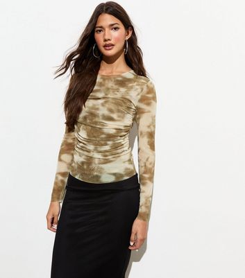 Brown Abstract-Print Ruched Long-Sleeved Top | New Look