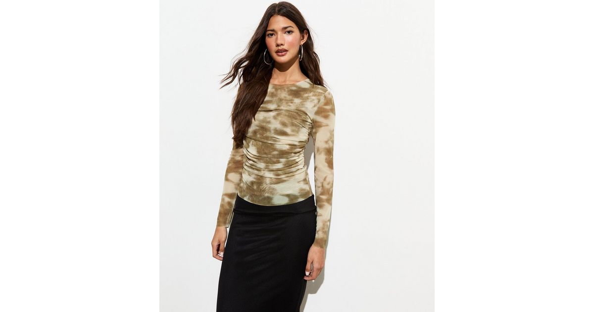 Brown Abstract-Print Ruched Long-Sleeved Top | New Look