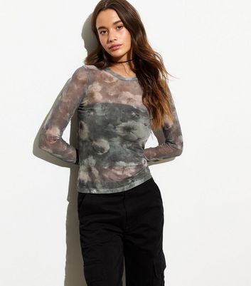 Light Grey Mesh Abstract Print Crew Neck Top | New Look