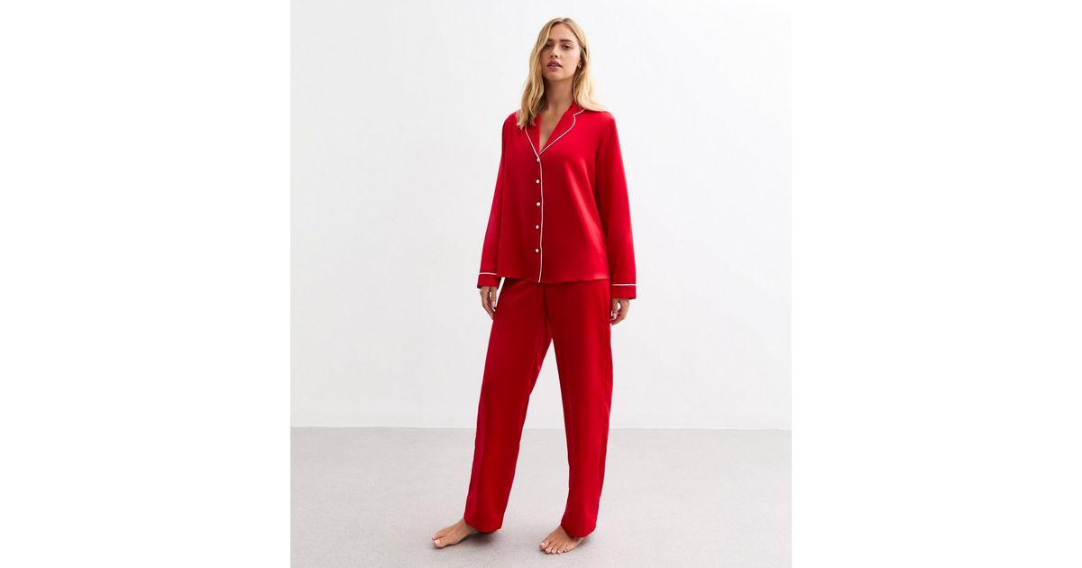 Red Satin Revere Pyjama Set | New Look