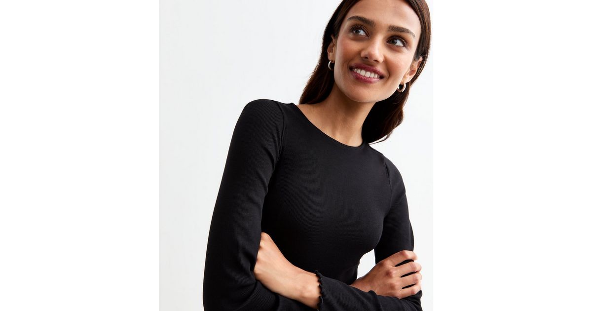 Black Ribbed Crew Neck Long Sleeved Top | New Look