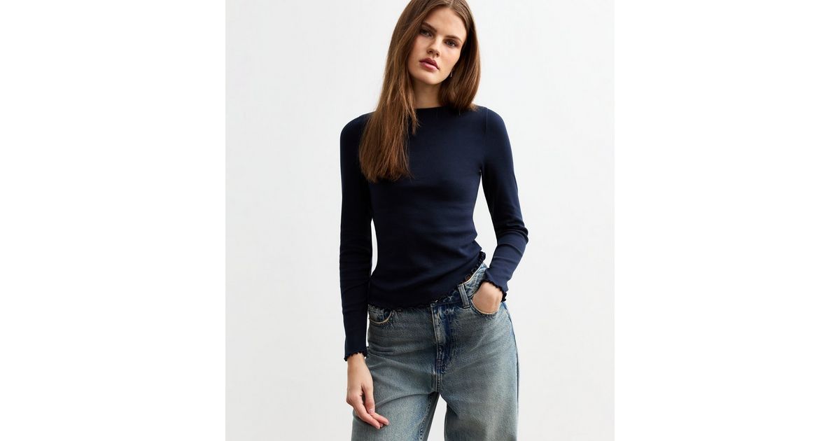 Navy Ribbed Crew Neck Long Sleeved Top | New Look
