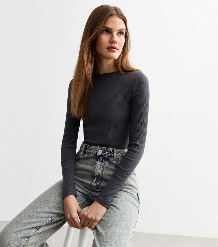 Grey Ribbed Cotton Blend Crew Neck Bodysuit | New Look