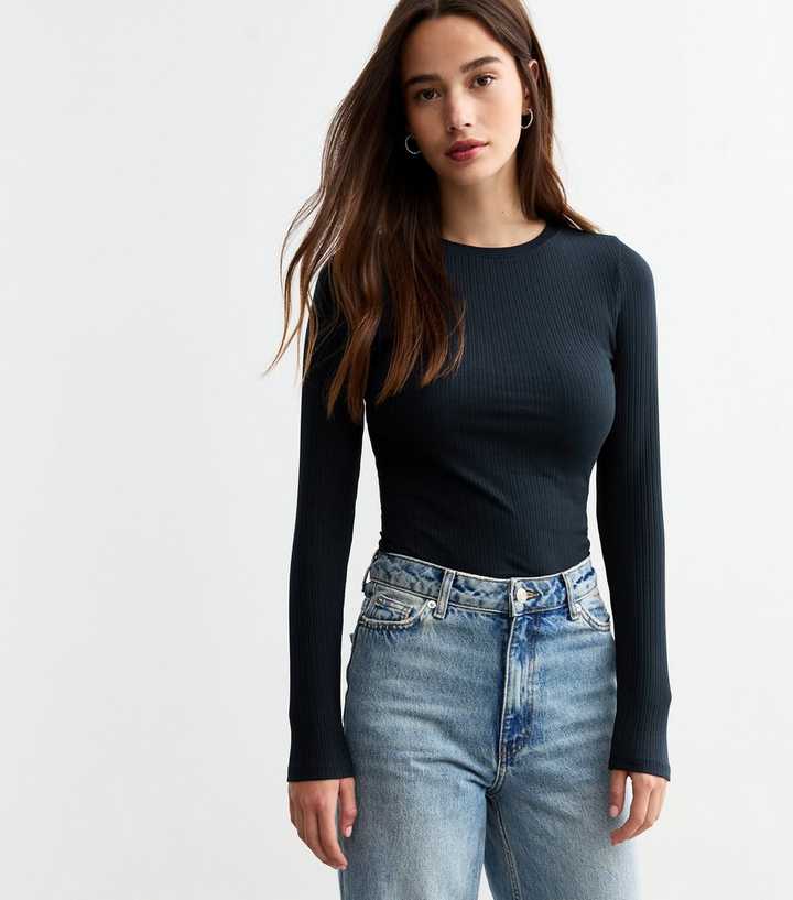 Navy Ribbed Cotton Blend Crew Neck Bodysuit | New Look