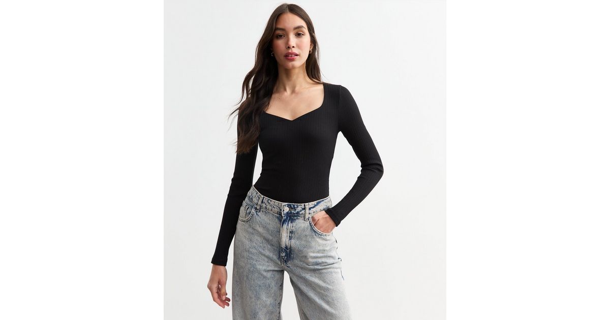 Black Sweetheart Neck Long Sleeve Bodysuit New Look