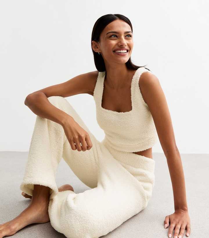 Off White Bouclé Wide Leg Joggers | New Look