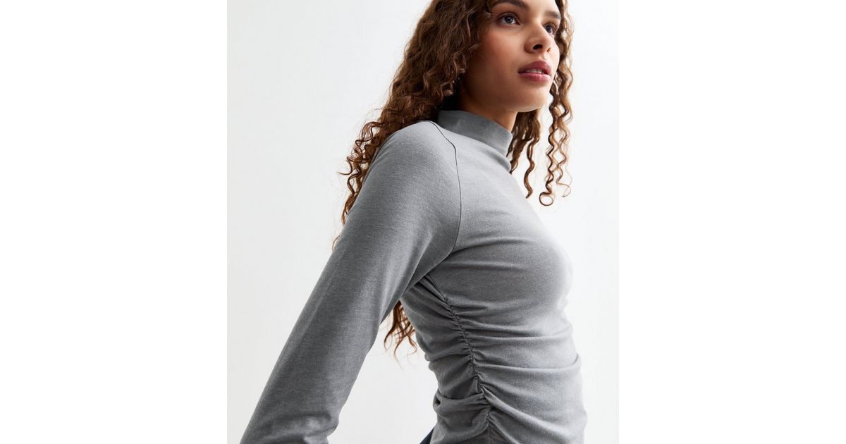 Grey High Neck Ruched Long Sleeve Top | New Look