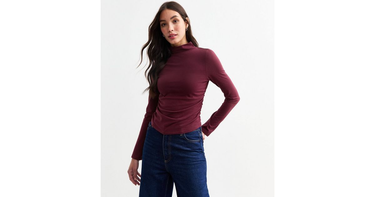 Burgundy High Neck Ruched Long Sleeve Top | New Look