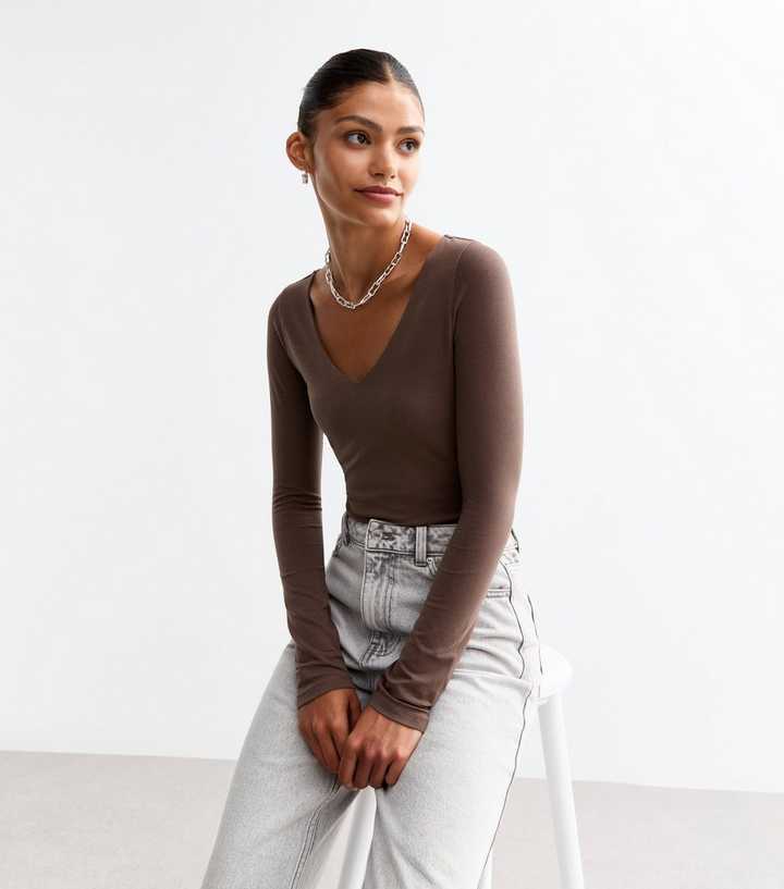 Brown V-Neck Long Sleeved Bodysuit | New Look