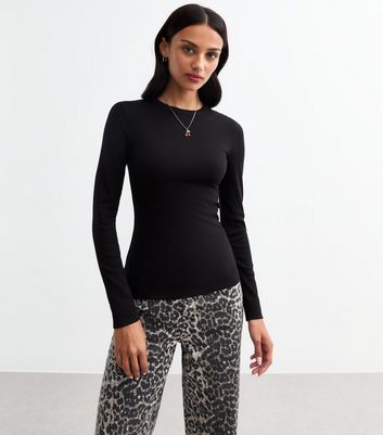 Black Ribbed Crew Neck Long Sleeved Top | New Look