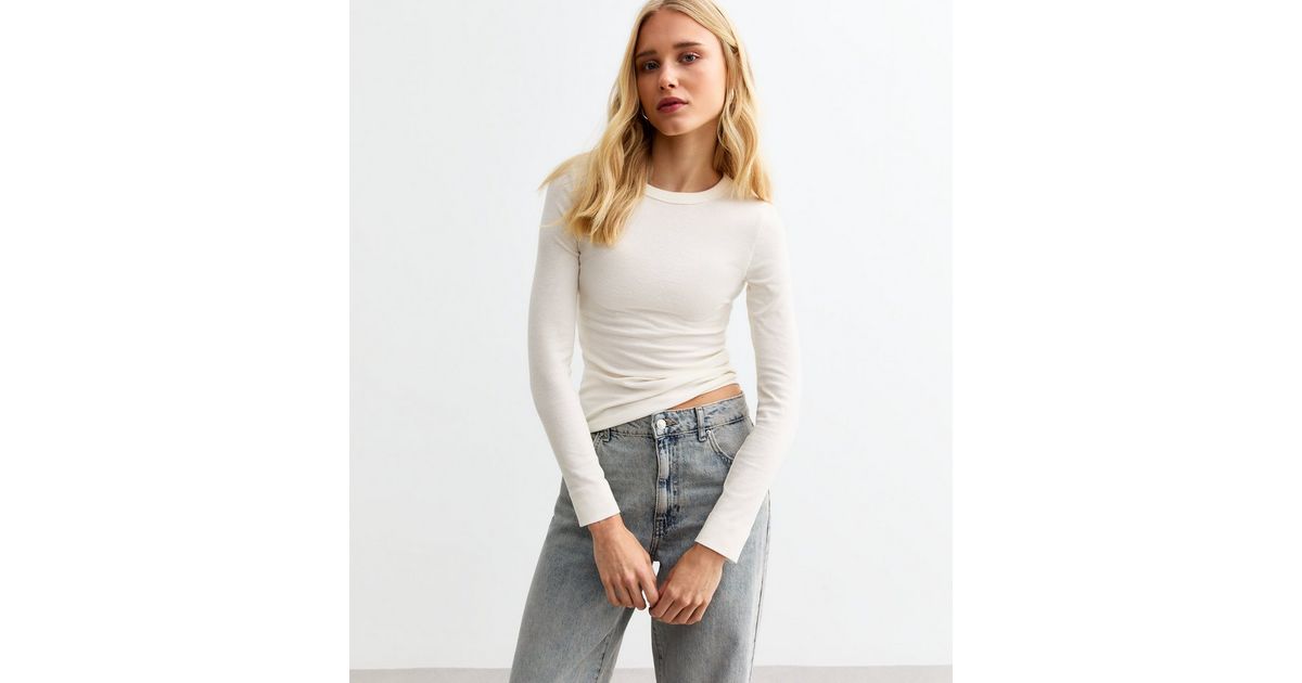 Cream Ribbed Crew Neck Long Sleeved Top | New Look