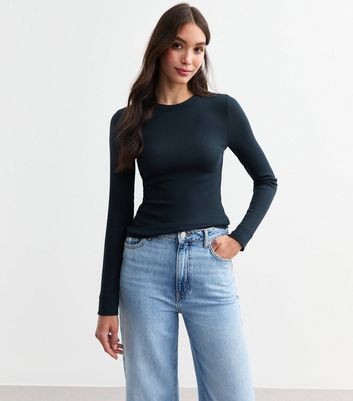 Navy Ribbed Crew Neck Long Sleeved Top | New Look