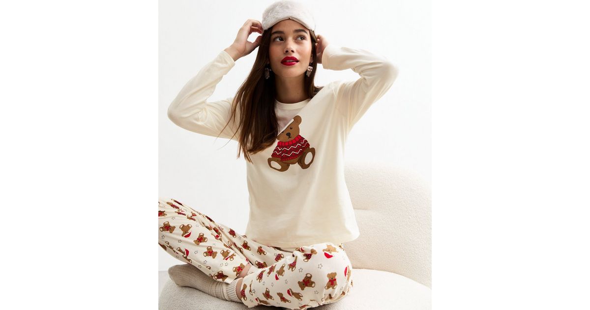 White Cotton Teddy Bear Print Christmas Pyjama Set | New Look