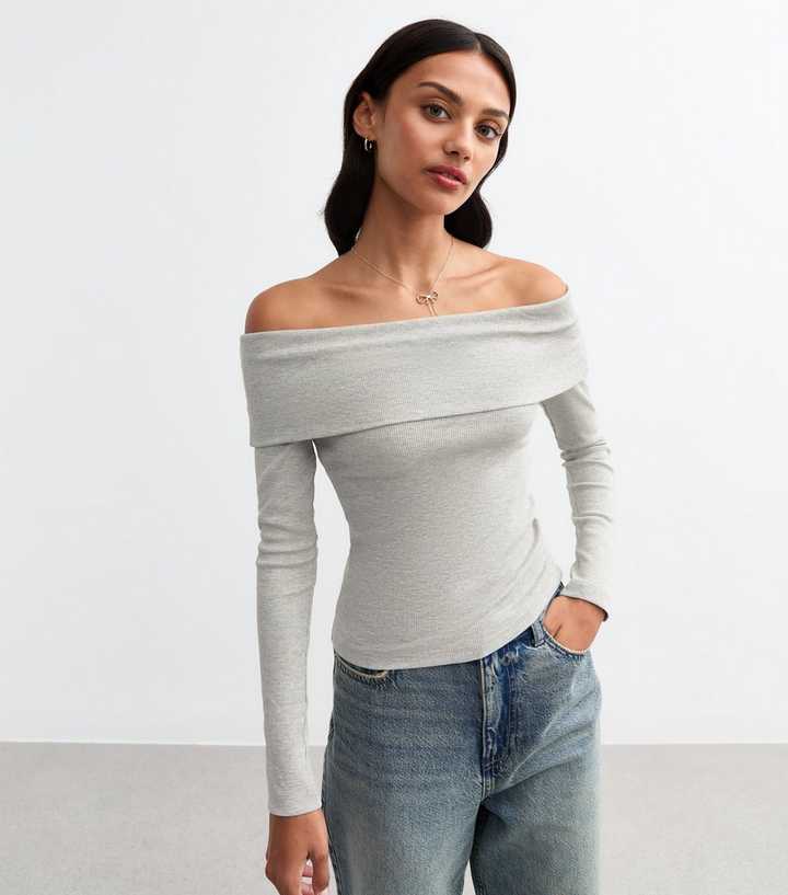 Grey Ribbed Foldover Bardot Top | New Look