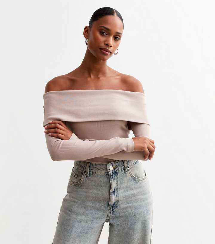 Mink Ribbed Foldover Bardot Top | New Look