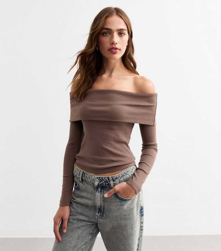 Brown Ribbed Foldover Bardot Top | New Look