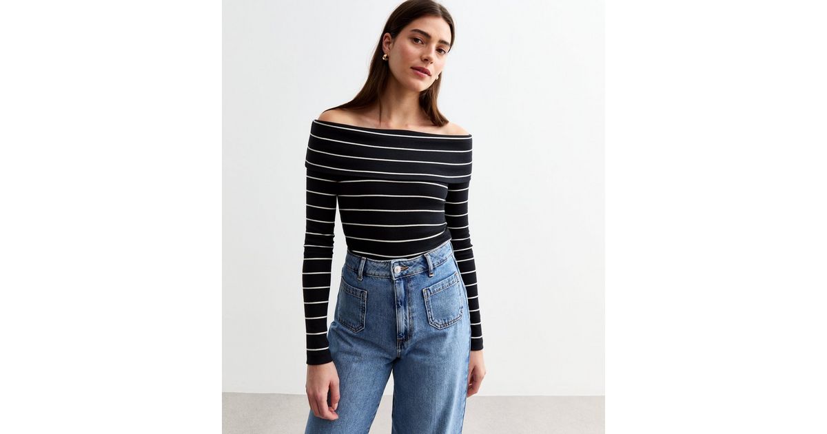 Black Ribbed Stripe Fold Over Bardot Top | New Look