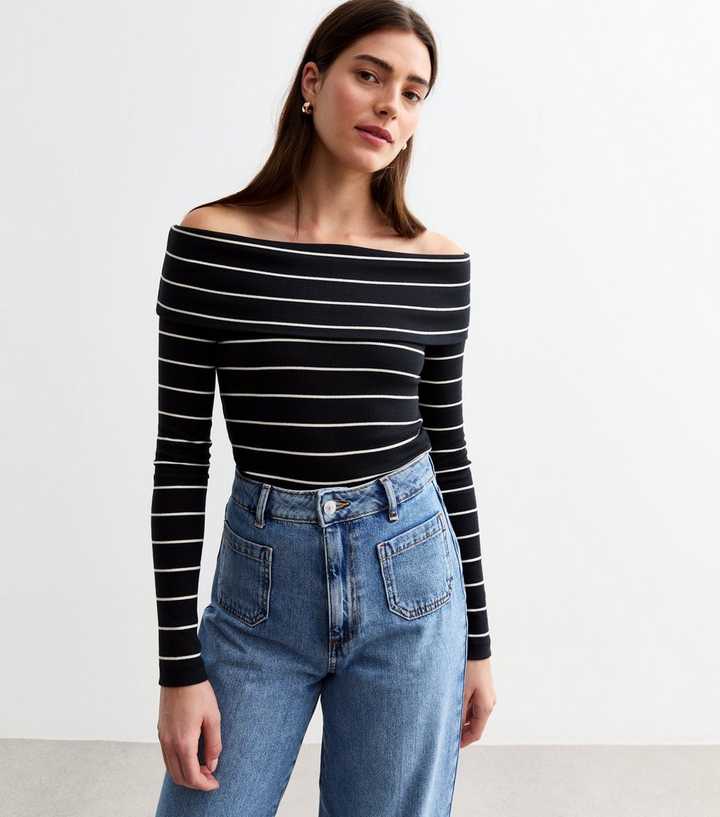 Black Ribbed Stripe Fold Over Bardot Top | New Look