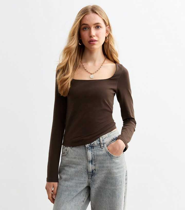 Brown Square Neck Long Sleeve Top | New Look