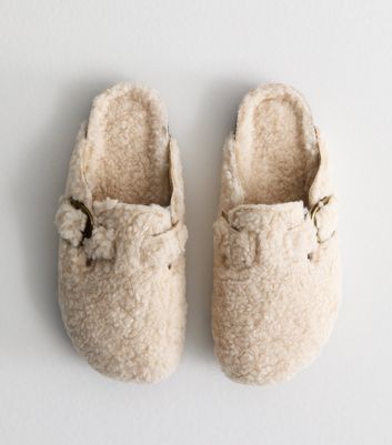 Off White Buckled Borg Mule Slippers | New Look