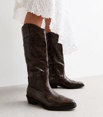 Public Desire Rust Leather-Look Cowboy Boots | New Look