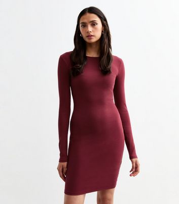Tall Burgundy Ribbed Long Sleeve Mini Dress | New Look