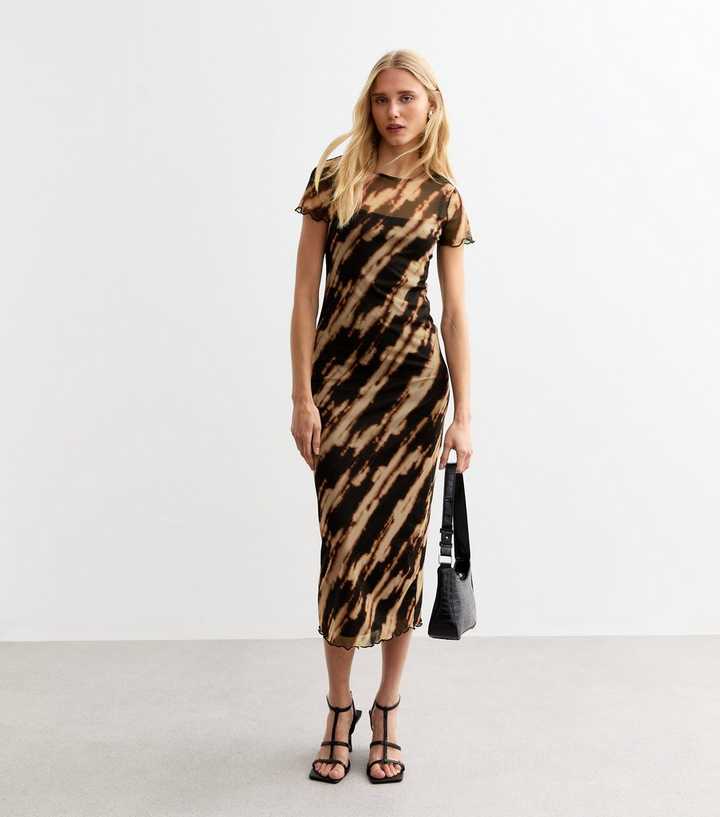 Black Mesh Blur Print Cap Sleeve Midi Dress | New Look