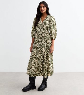 Green Tile Pattern Wrap Front Midi Dress | New Look