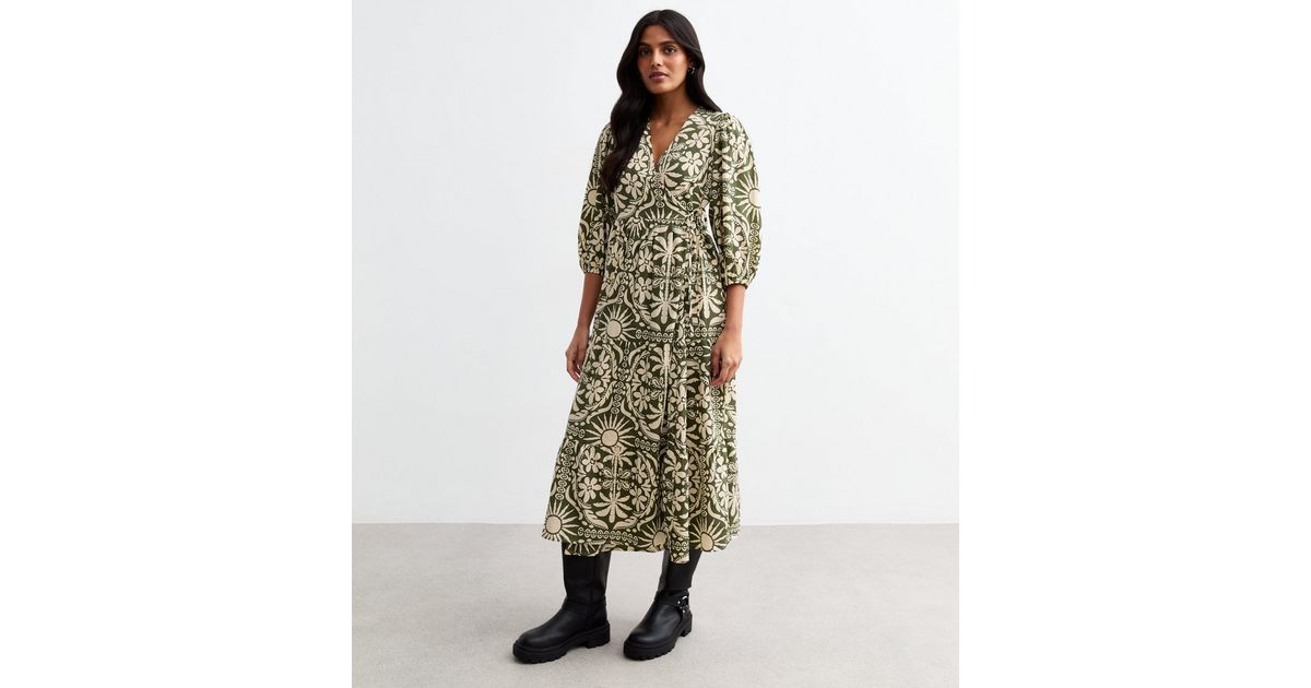 Green Tile Pattern Wrap Front Midi Dress | New Look