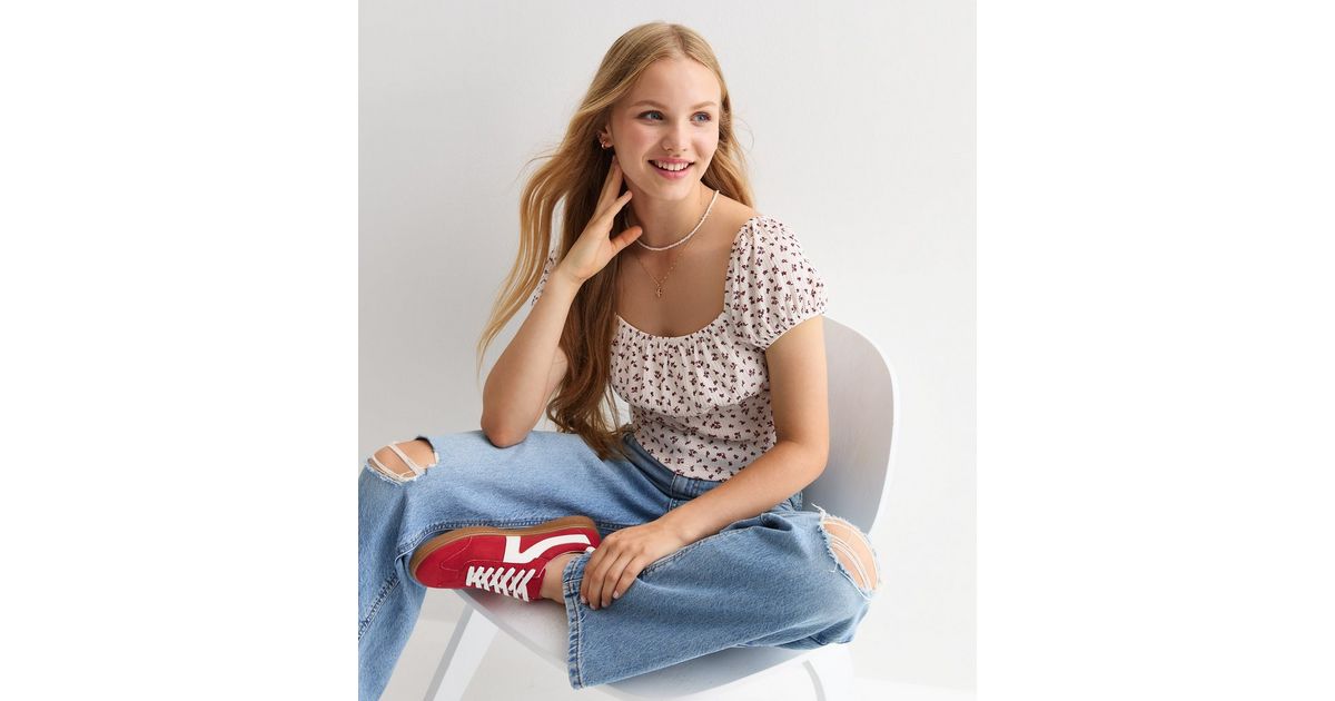 Girls White Floral Puff Sleeve Crop Top | New Look