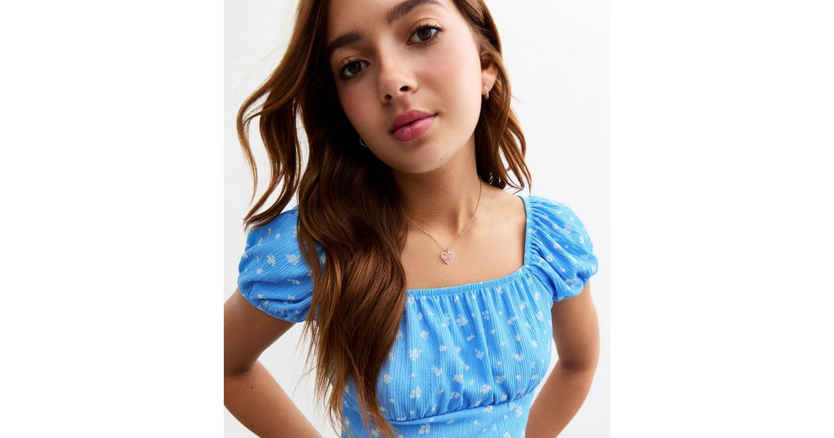 Girls Blue Floral Puff Sleeve Crop Top | New Look
