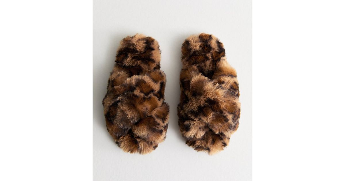 Crossover Brown Leopard Print Faux Fur Mule Slippers | New Look