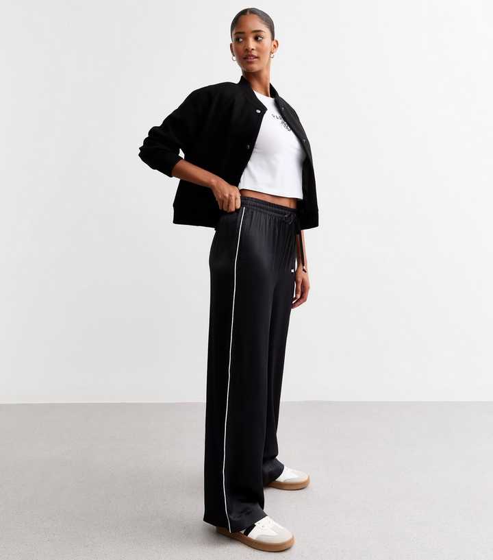 Black Side Stripe Satin Wide Leg Trousers | New Look