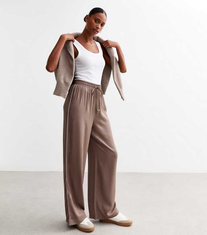 Mink Side Stripe Satin Wide Leg Trousers | New Look