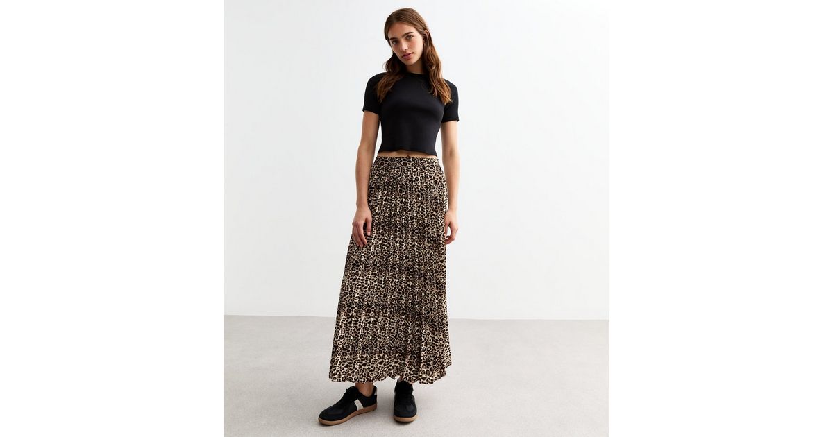 Pleated Skirt Ladies Animal Print Midi Skirt 🏷️ Brown Leopard Print ...