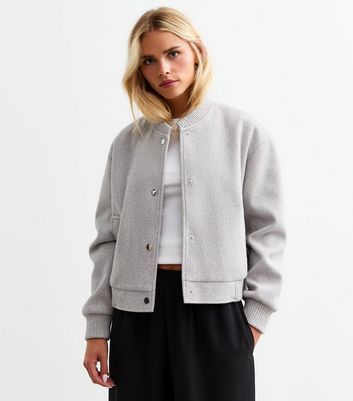 Petite Grey Brushed Crop Bomber Jacket | New Look