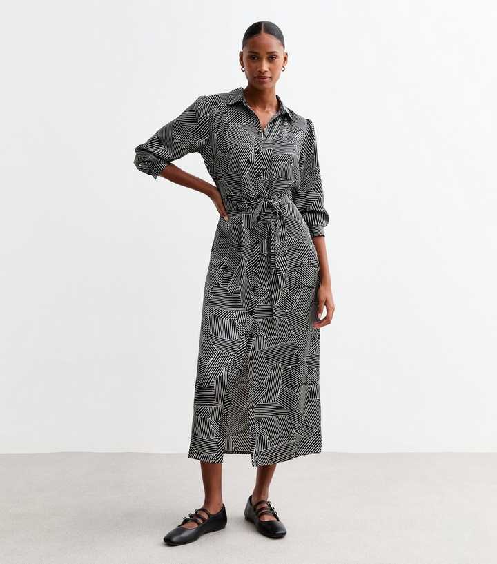 Black Geometric Patterned Belted Midi Shirt Dress | New Look