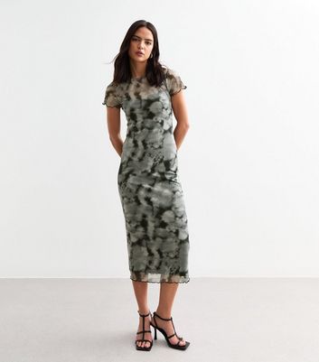 Grey Ink Patterned Mesh Midi Dress | New Look